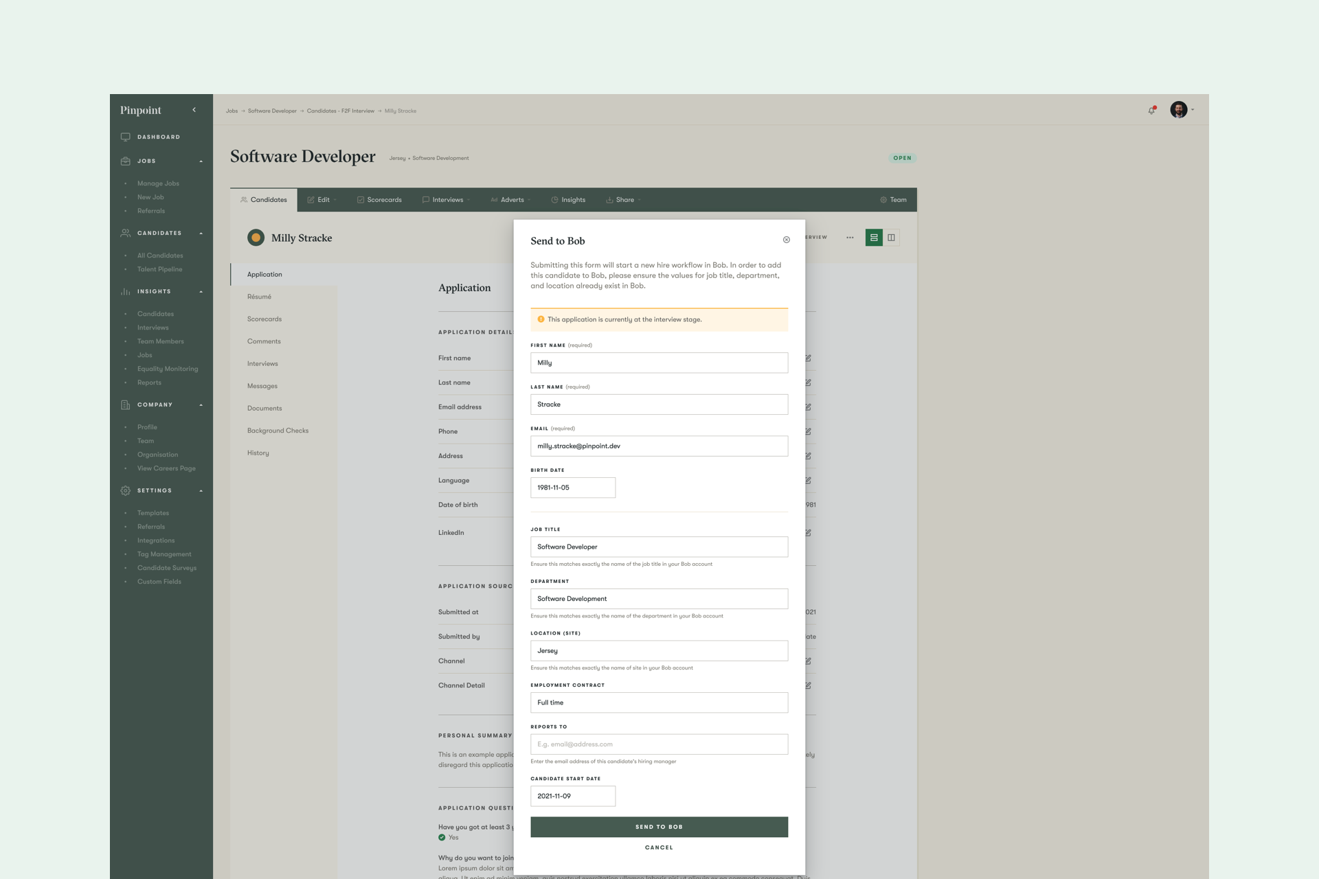 HiBob Applicant Tracking System Integration | Pinpoint