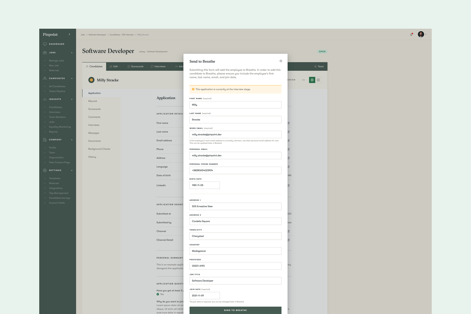BreatheHR Applicant Tracking System Integration | Pinpoint